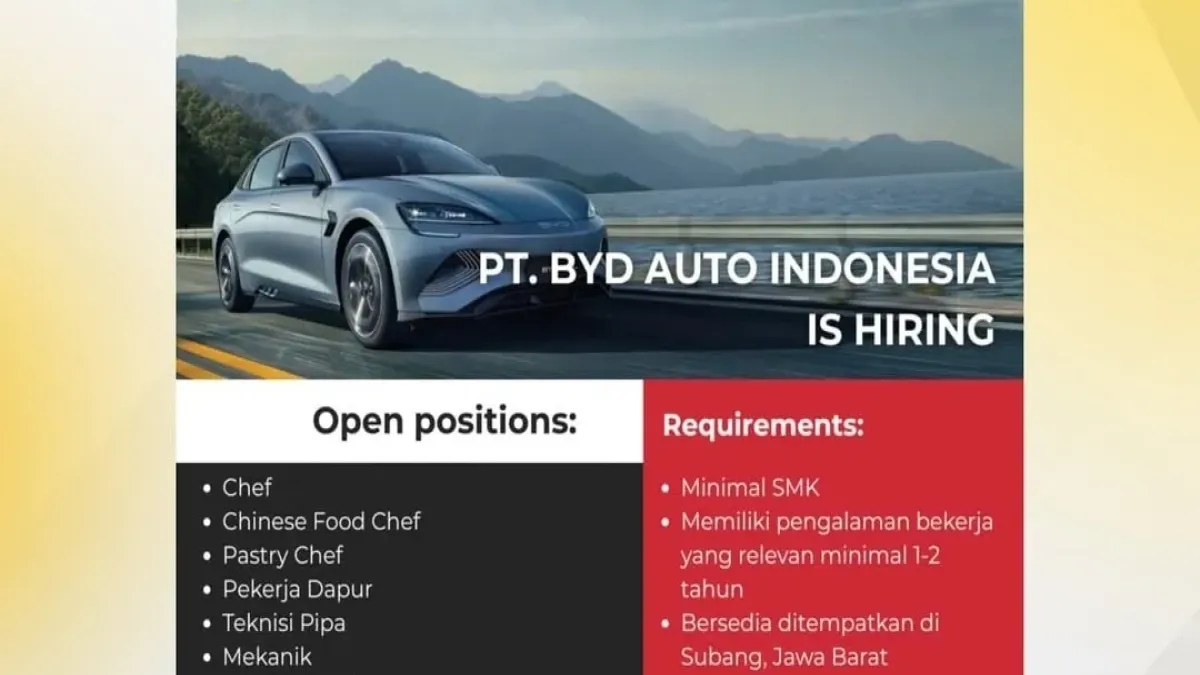 Lowongan Kerja Subang di PT BYD Auto Indonesia, Serap Ratusan Tenaga ...